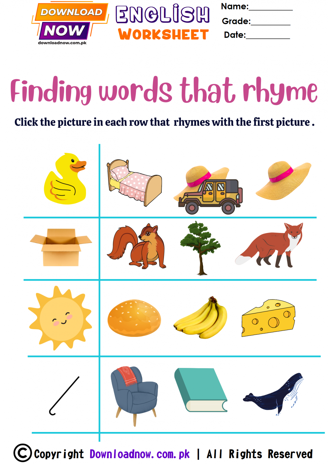 3-Matching pictures that rhyme - Free Printable Worksheets