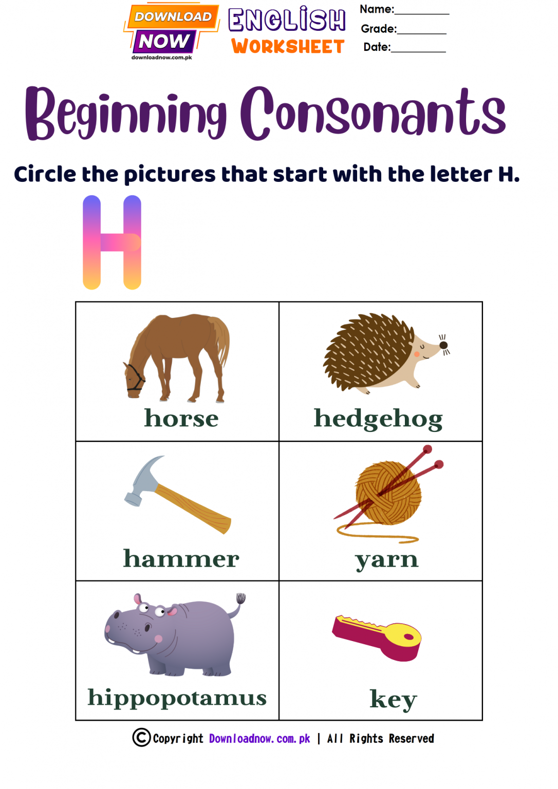 Beginning Consonants letter H - Free Printable Worksheets