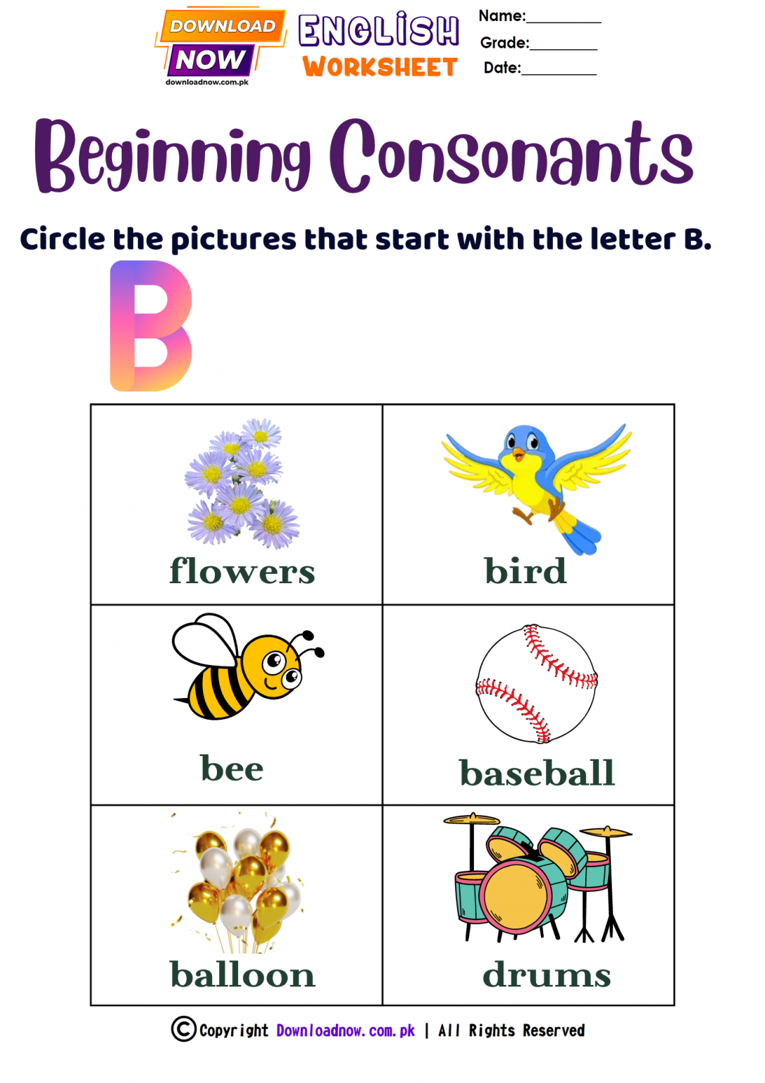 Beginning Consonants letter b - Free Printable Worksheets