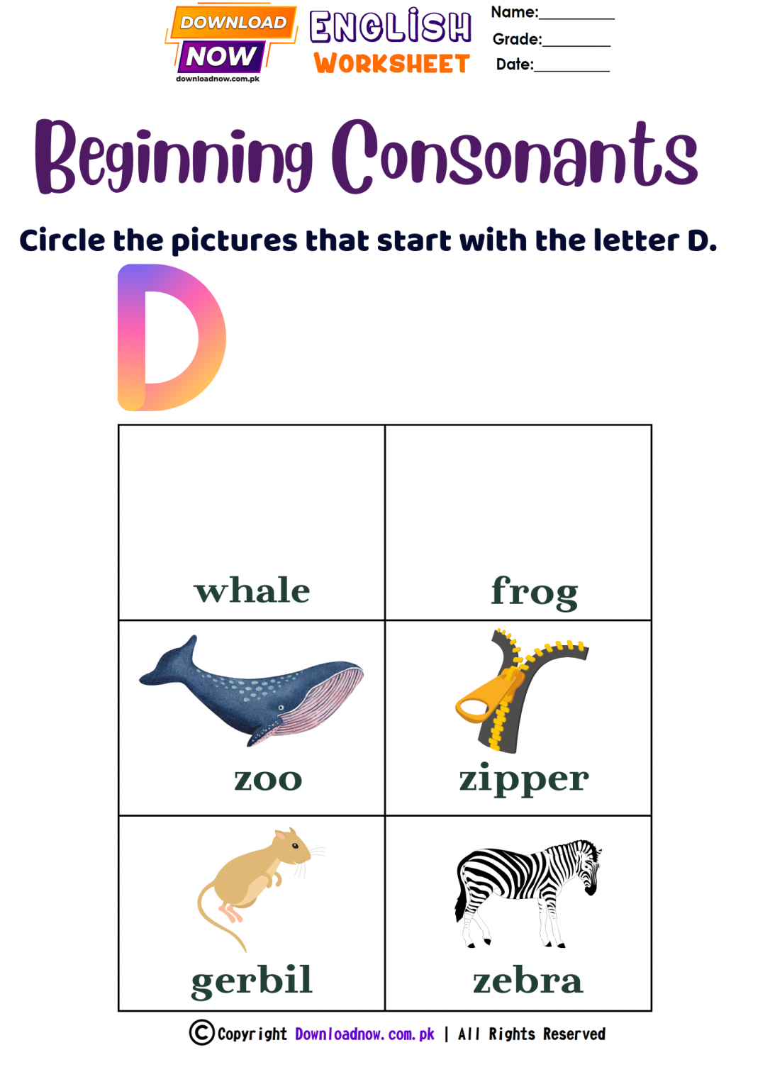 Beginning Consonants letter d - Free Printable Worksheets