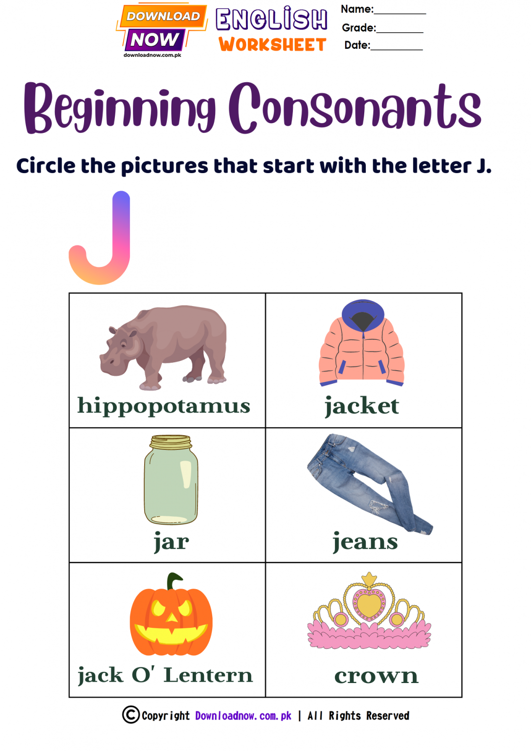 Beginning Consonants letter j - Free Printable Worksheets