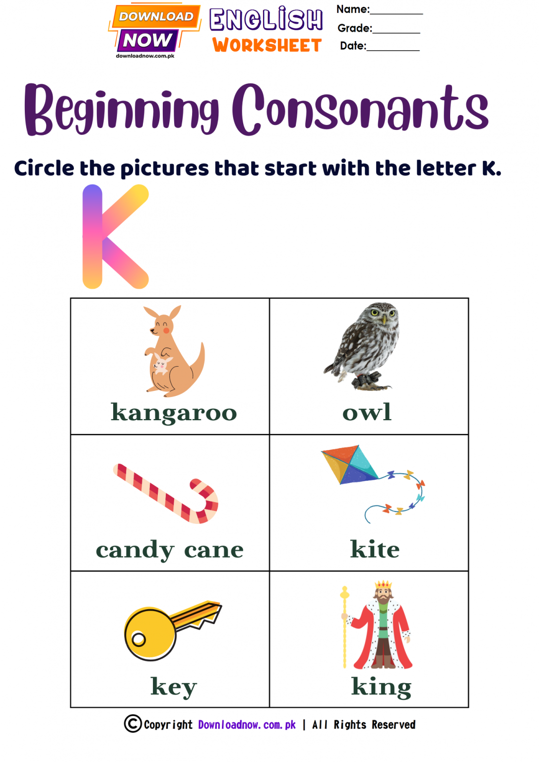 Beginning Consonants letter k - Free Printable Worksheets