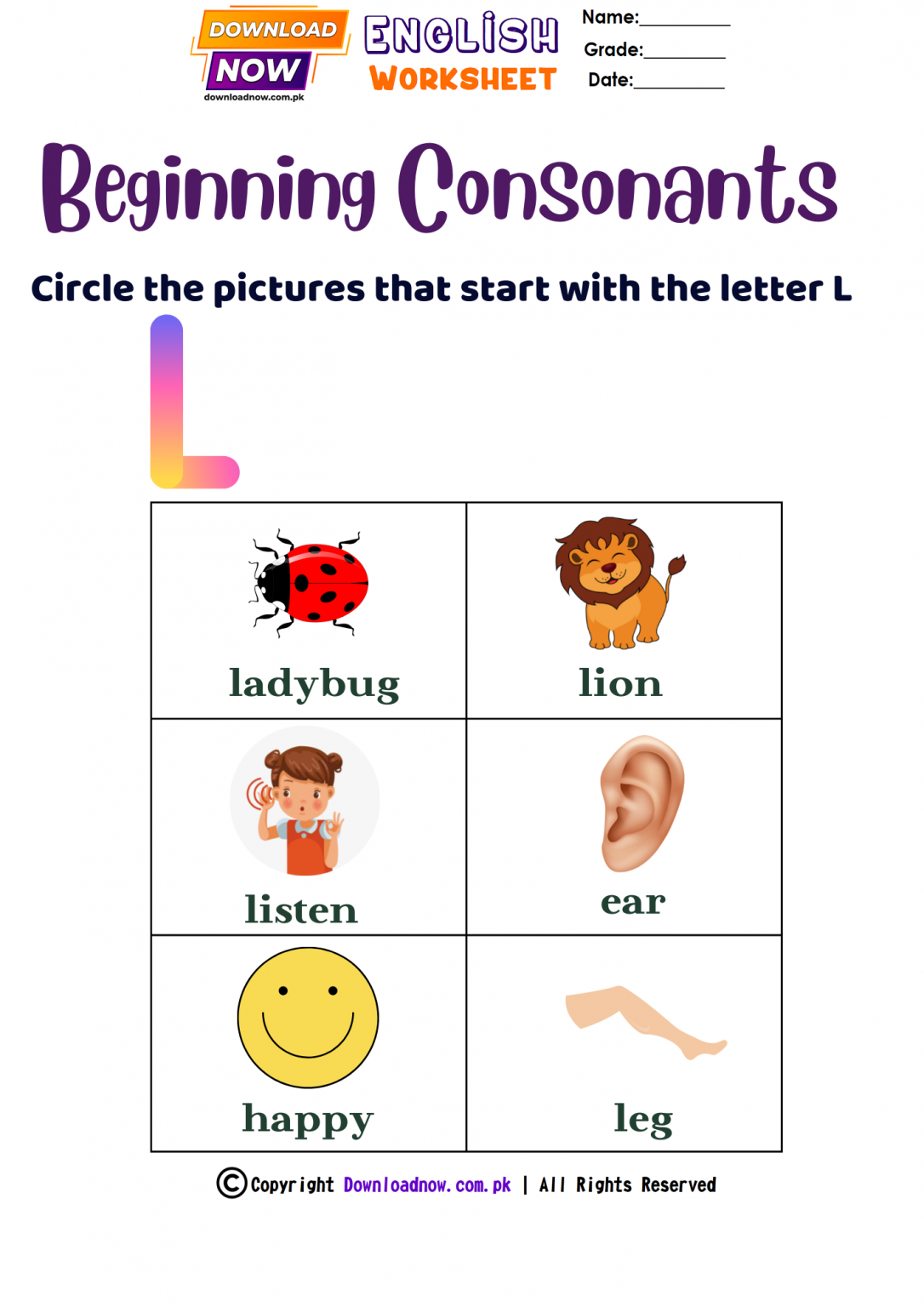 Beginning Consonants letter l - Free Printable Worksheets