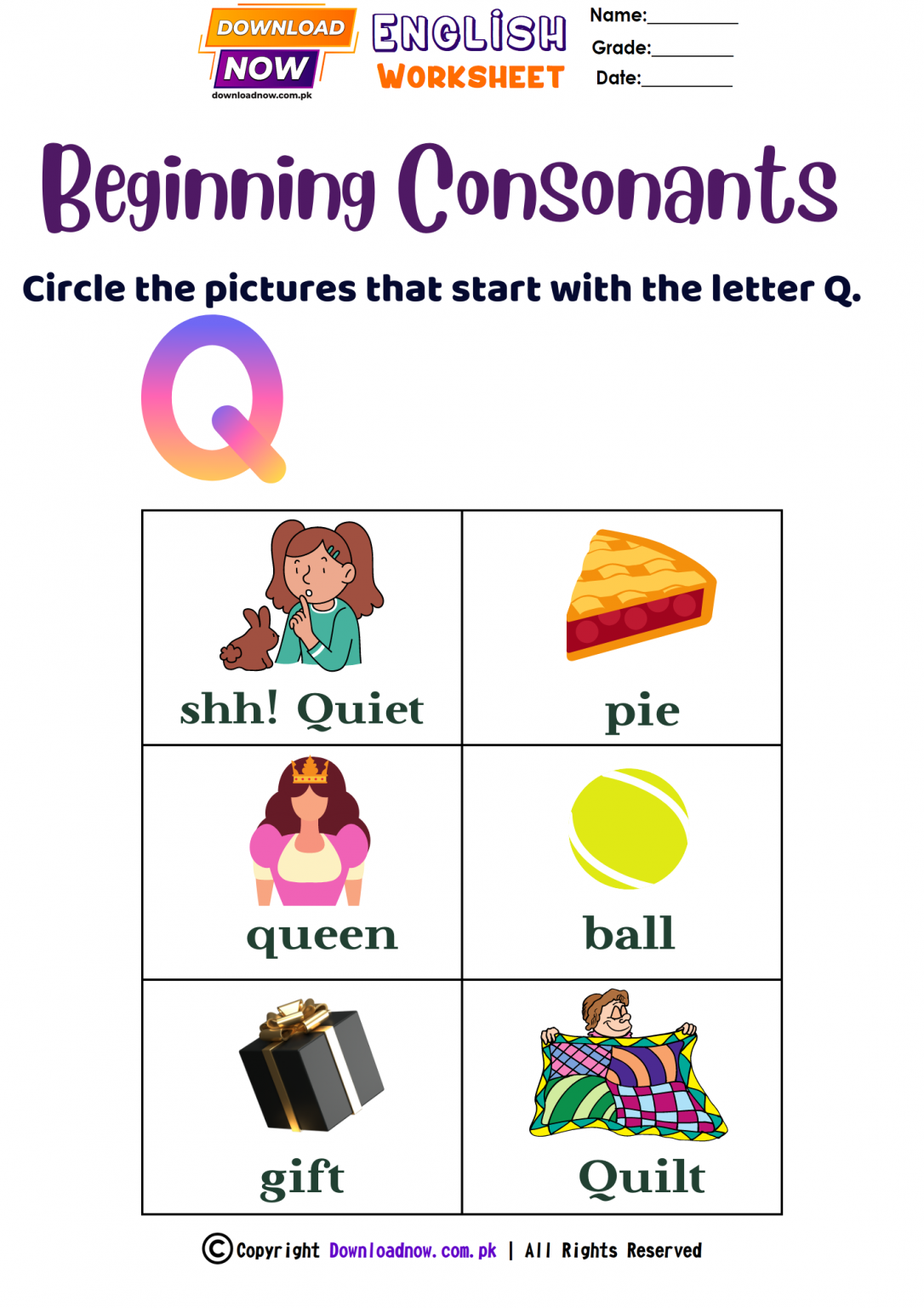 Beginning Consonants letter q - Free Printable Worksheets
