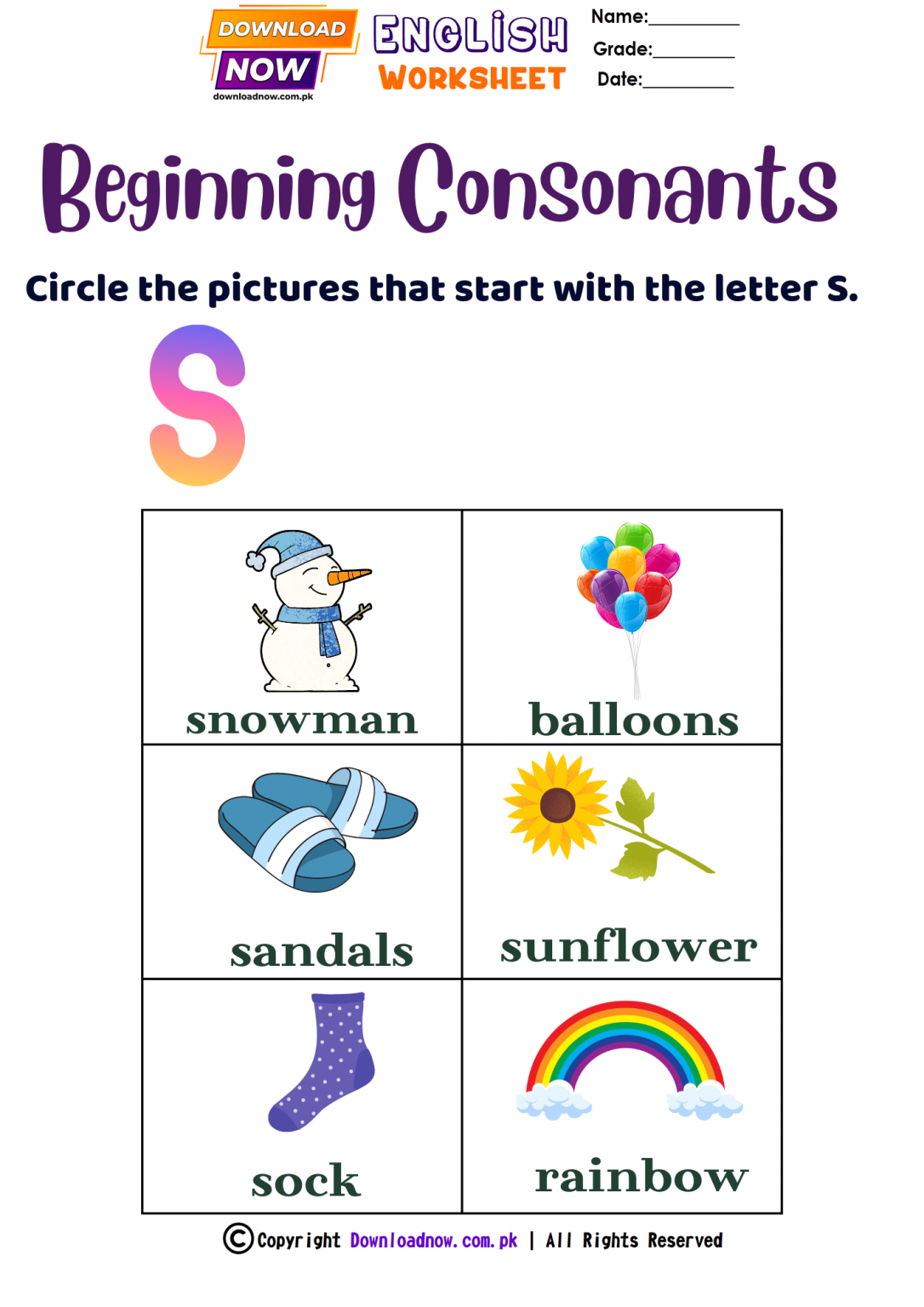 Beginning Consonants letter s - Free Printable Worksheets