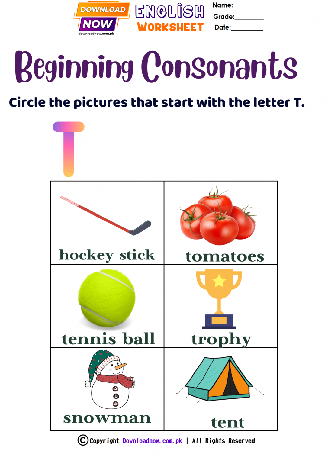 Beginning Consonants letter t - Free Printable Worksheets