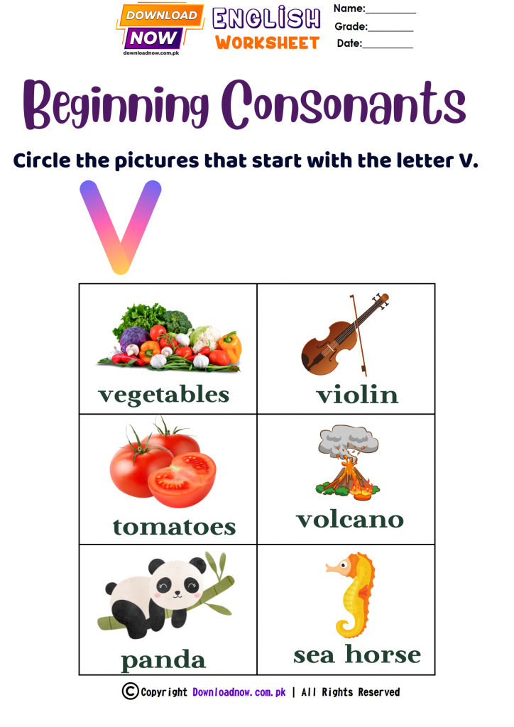 Beginning Consonants letter v - Free Printable Worksheets
