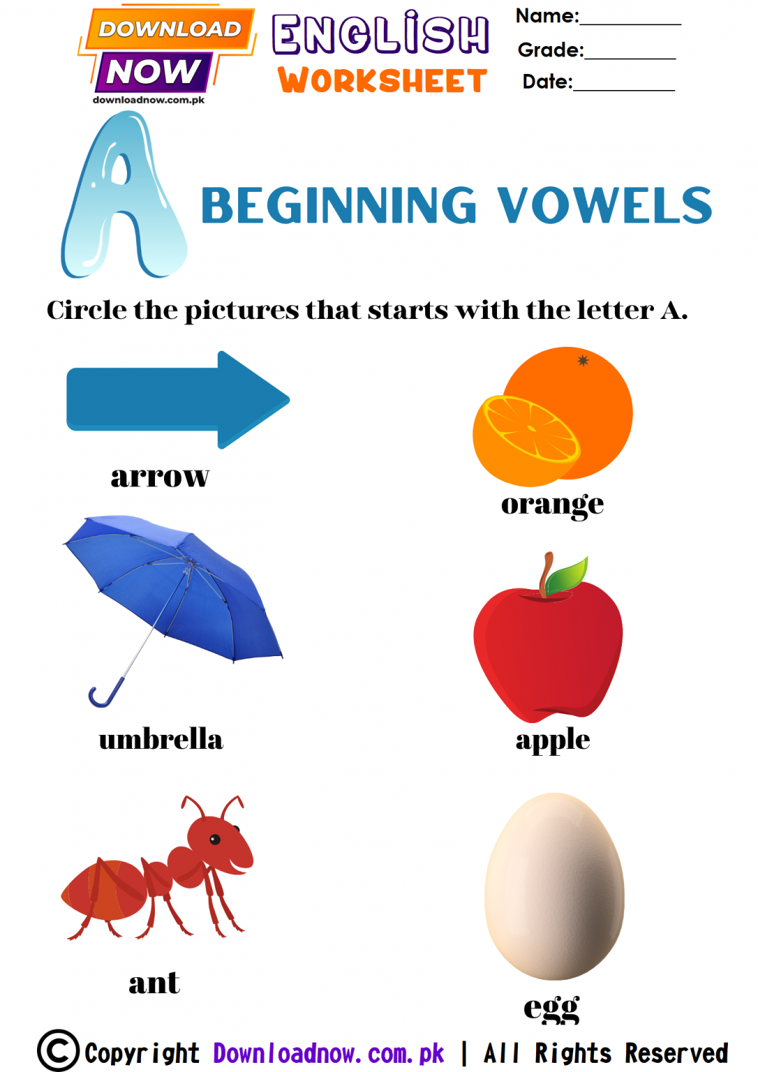 Beginning Vowels a - Free Printable Worksheets