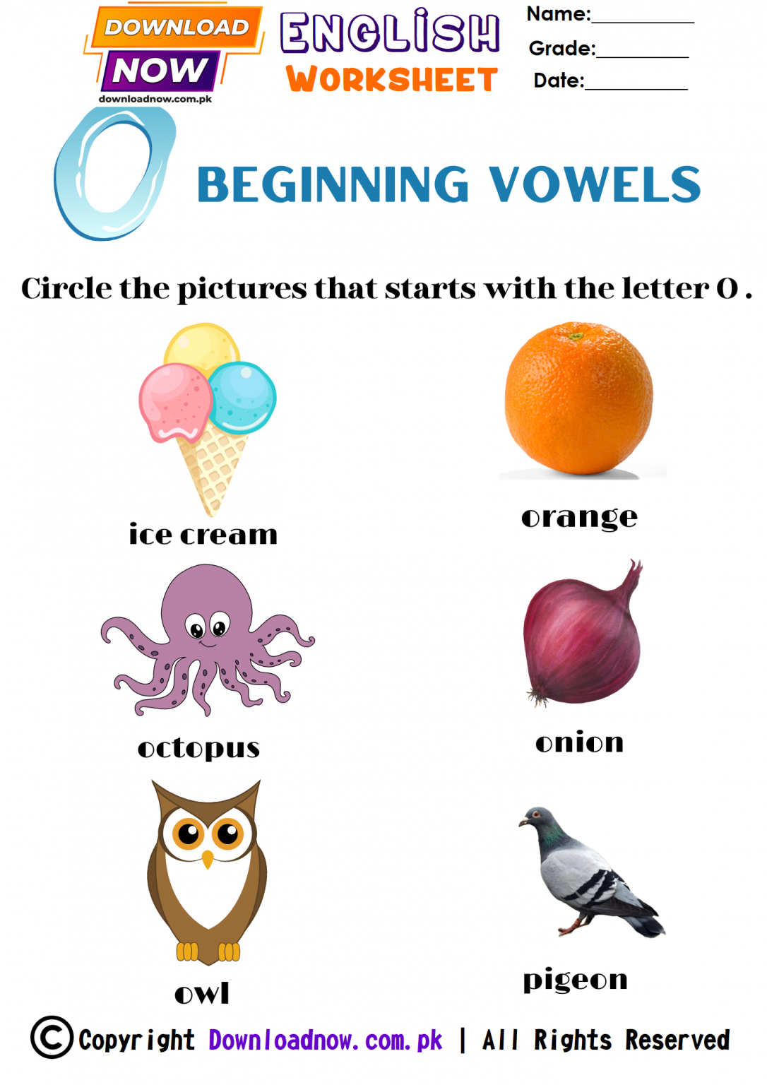 Beginning Vowels o - Free Printable Worksheets